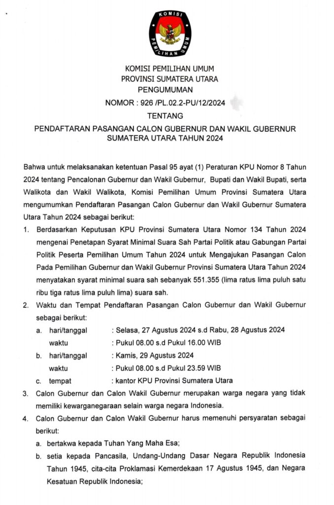 KPU Sumut Umumkan Tahapan Pendaftaran Pasangan Calon Gubernur dan Wakil ...